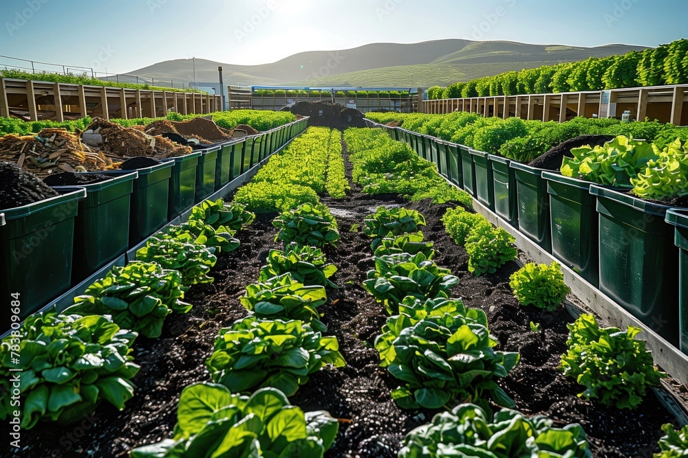 A composting facility with rows of compost bins and piles of organic ...