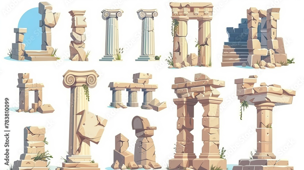 Modern set showing an ancient ruin. A pillar and arch of an old ...