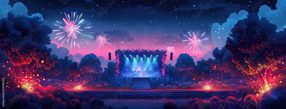Holiday event with music festival in city park at night. Dark urban ...