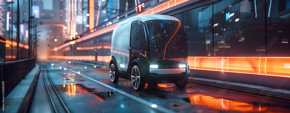 Futuristic Autonomous Van driving in Smart City illuminated by orange ...