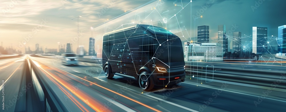 Futuristic Autonomous Van driving in Smart City illuminated with full ...