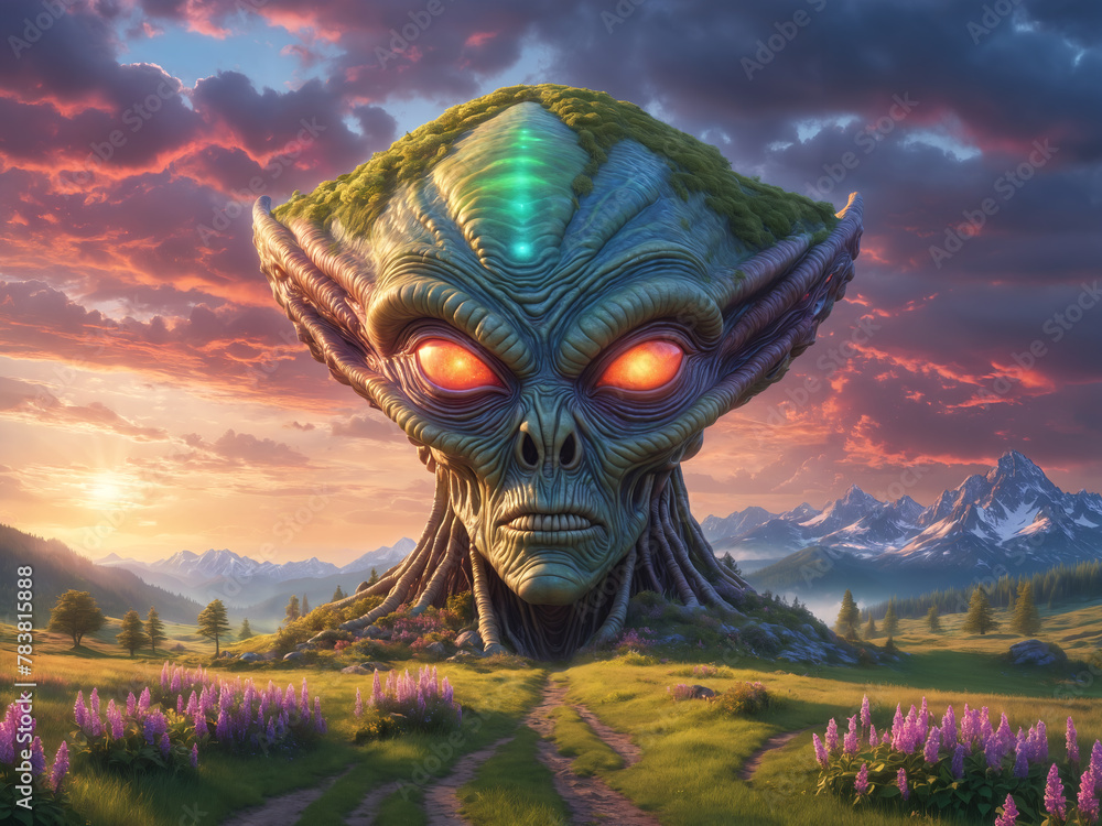 A giant alien head with glowing red eyes, standing in a field with ...