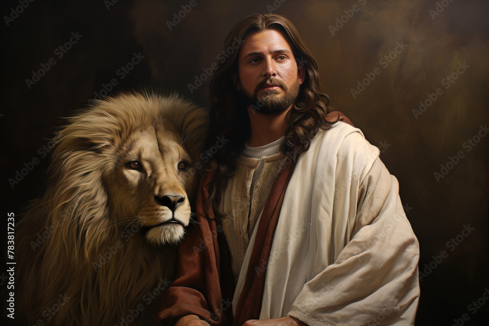 Jesus Christ with a confident gaze by the lion. Jesus Christ - the lion ...