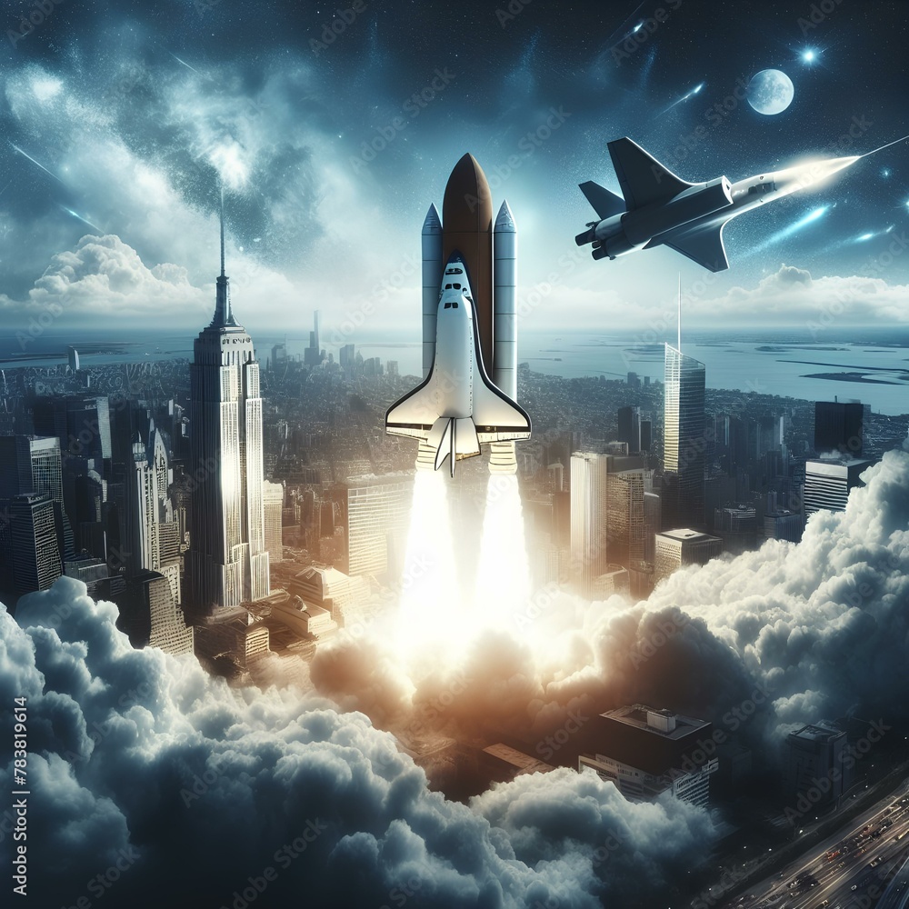 space shuttle or military missile arrack launch breakthrough the clouds ...