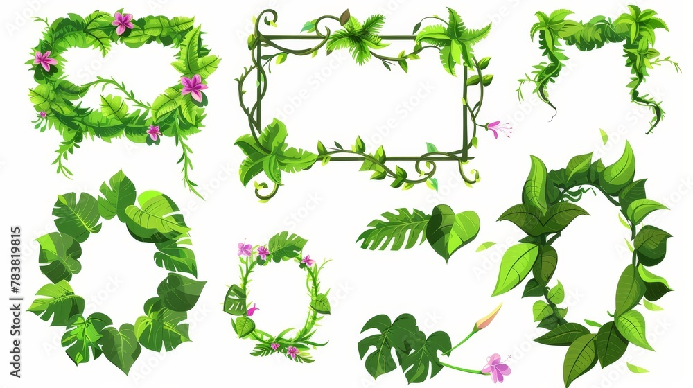 In this set of borders made of rainforest branch branches with tropical ...