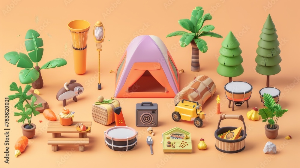 This 3D cartoon camping set includes a tent, picnic table, chairs, drum ...