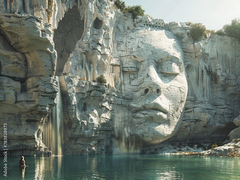 The image depicts a surreal scene with a natural feel of a giant stone ...