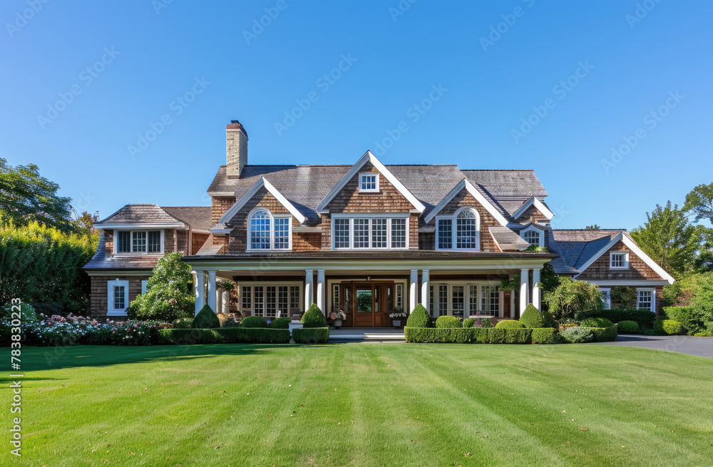 Beautiful suburban home with a large front yard and lawn, blue sky ...
