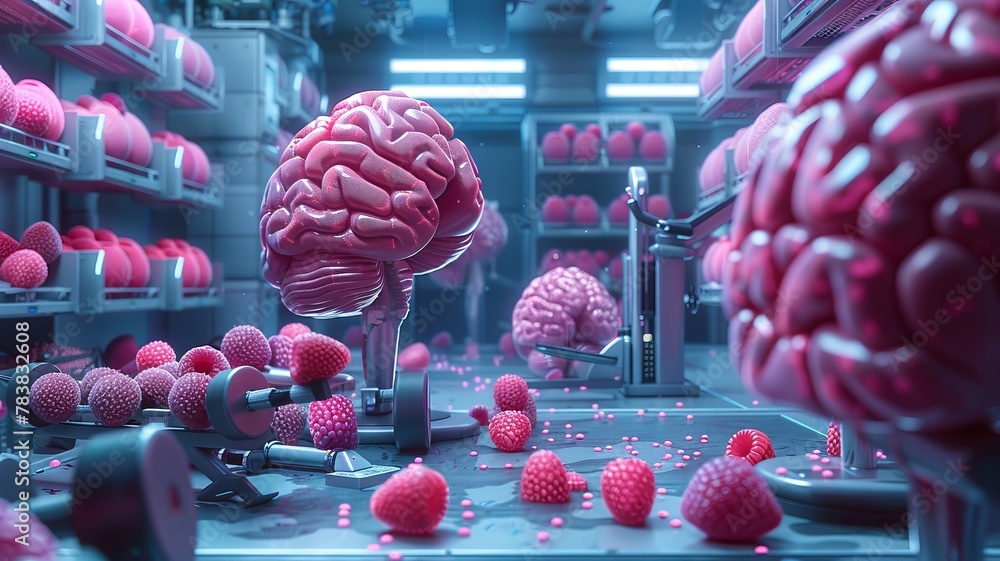 Brain cells in a gym setting with strawberries and raspberries, a ...