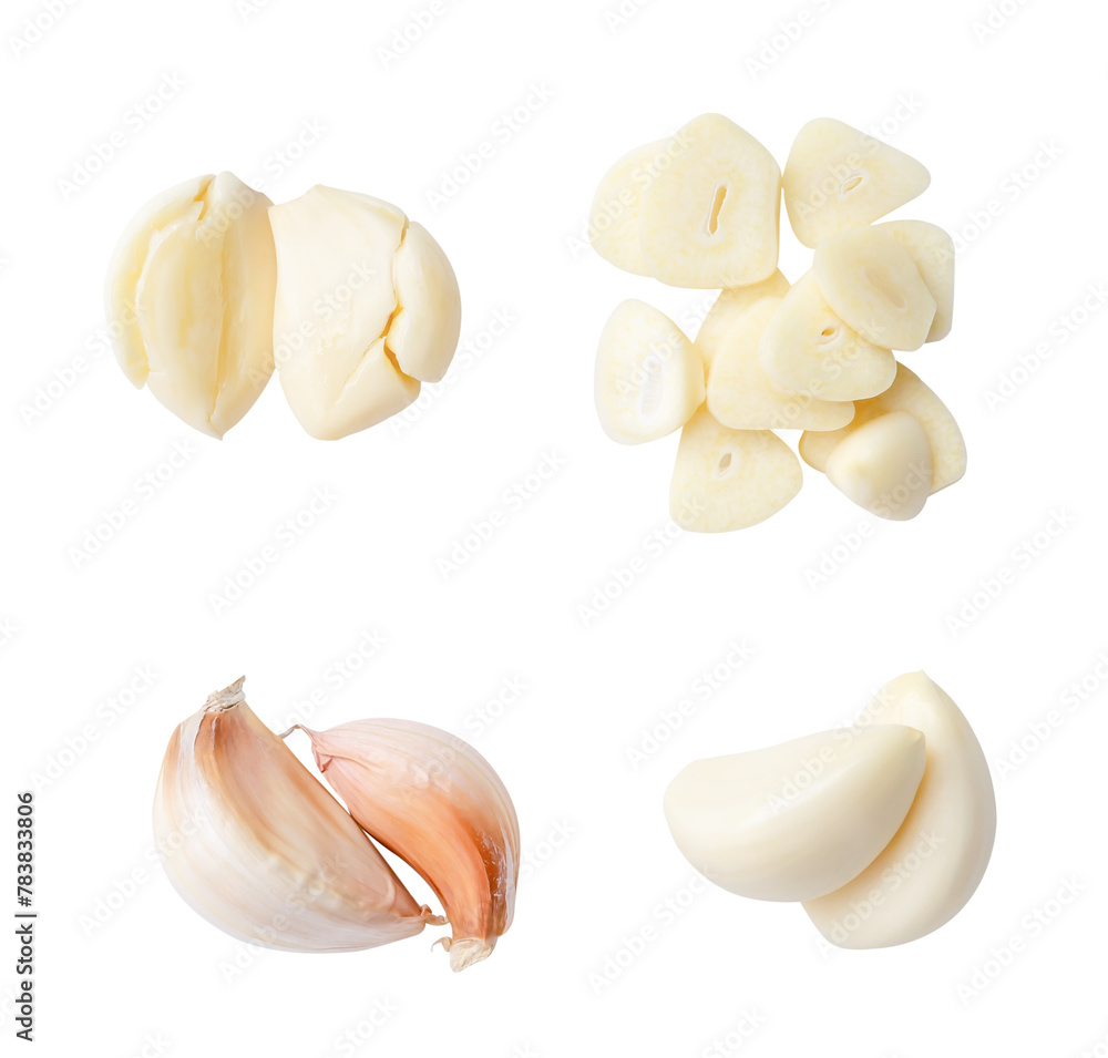 Top view set of fresh pounded garlic cloves and slices in stack ...
