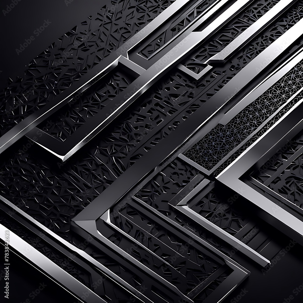 composition of futuristic, dark pieces against a background design of ...