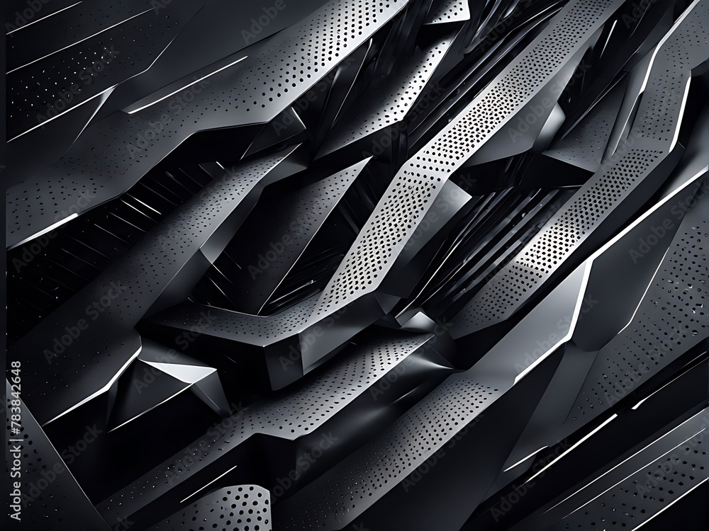 composition of futuristic, dark pieces against a background design of ...