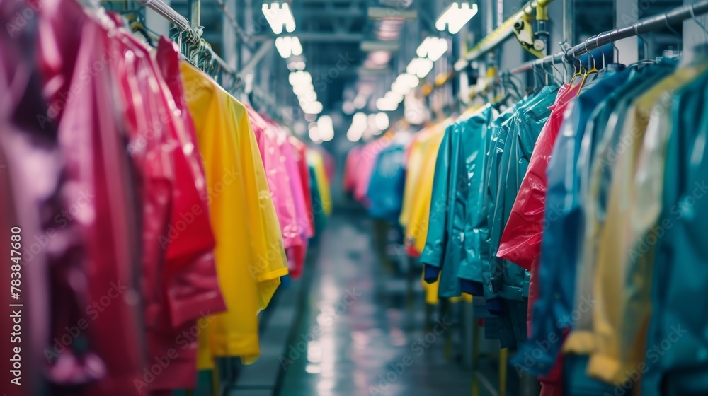 Colorful array of jackets on an assembly line in a garment factory ...