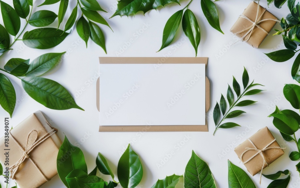Tropical palm paper with box, envelope and white paper. Flat lay ...