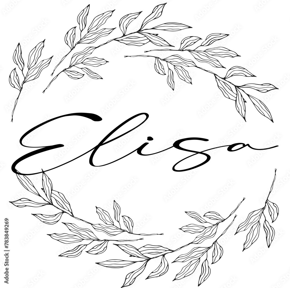 Elisa - black color - name written enclosed in a circle crown of leaves ...