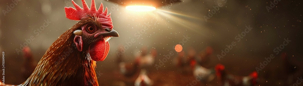 Chicken gazing at a UFO, farm backdrop, night, spotlight effect ...