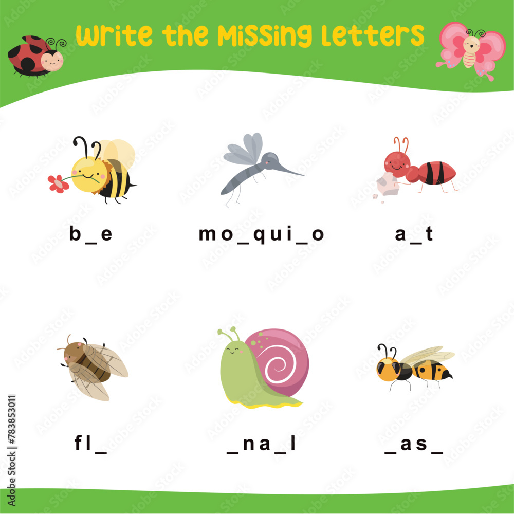 Missing letters worksheet. Complete the letters in English. Kids ...