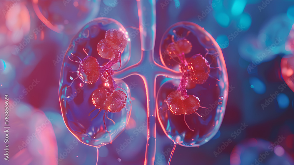 Vibrant 3D illustration of human kidneys with crystal-like texture in a ...