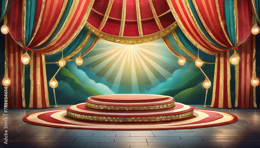 Circus stage podium background 3D carnival light red show curtain ...