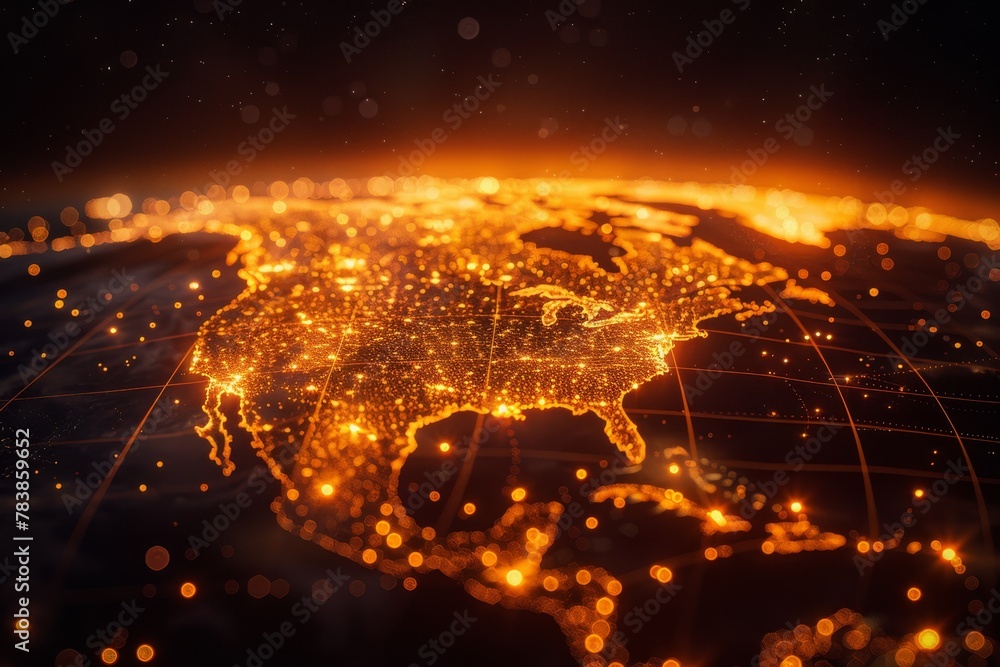 High-resolution image of the USA map outlined by bright network lines ...