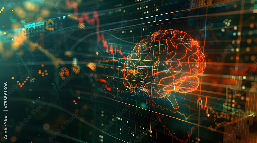 An abstract representation of a digital brain overlaying financial charts, symbolizing AI-driven ...