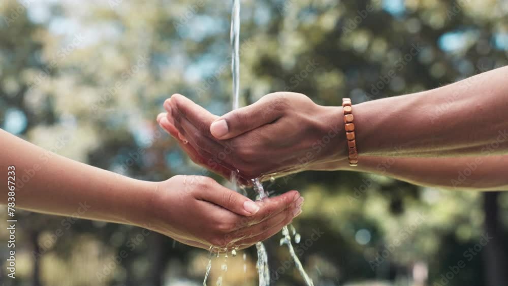 People, hands and water splash with nature for hydration, hygiene or ...
