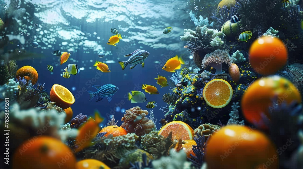 An underwater scene with fish swimming around floating citrus fruits as ...