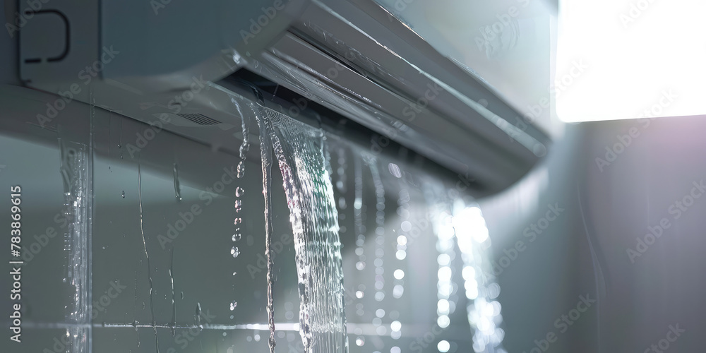 Water is running down the wall from the wall-mounted air conditioner ...