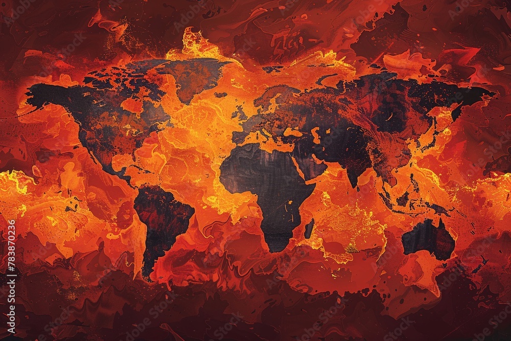 World map with wildfire zones, orange and red hues, dramatic 2D artwork ...