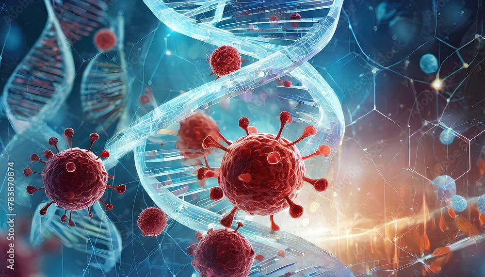 medical pharmaceutical research background with blood cells and virus ...