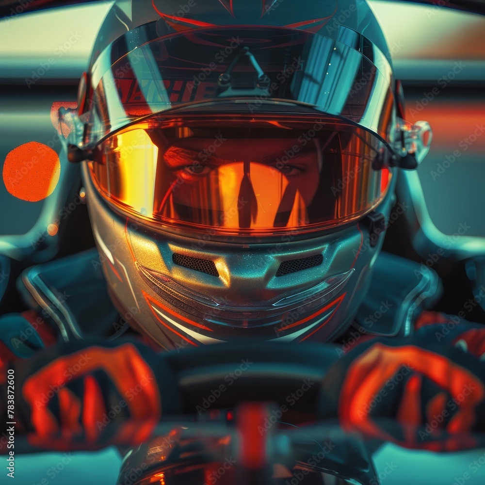 Car driver in a high-tech helmet, eyes locked forward, gripping the ...