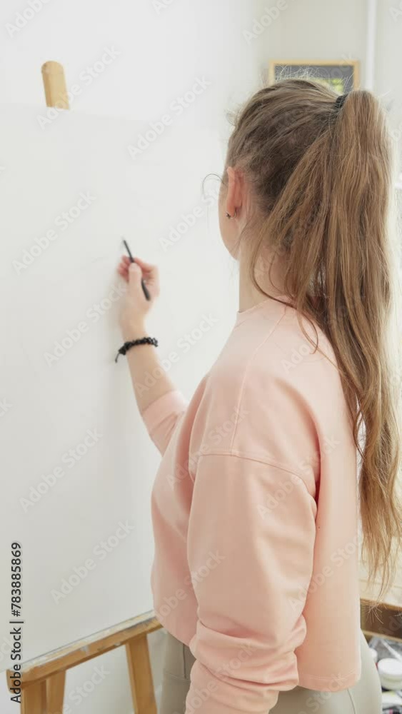 Artist drawing lines on canvas with pencil. Sketching with pencil ...