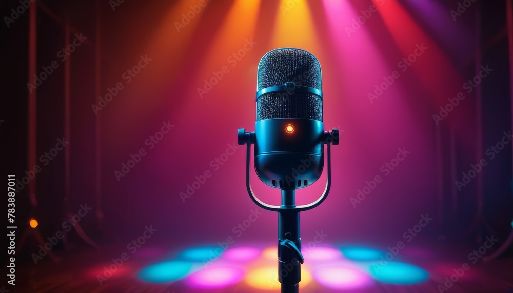 An advanced modern microphone stands out with blue neon illumination in ...
