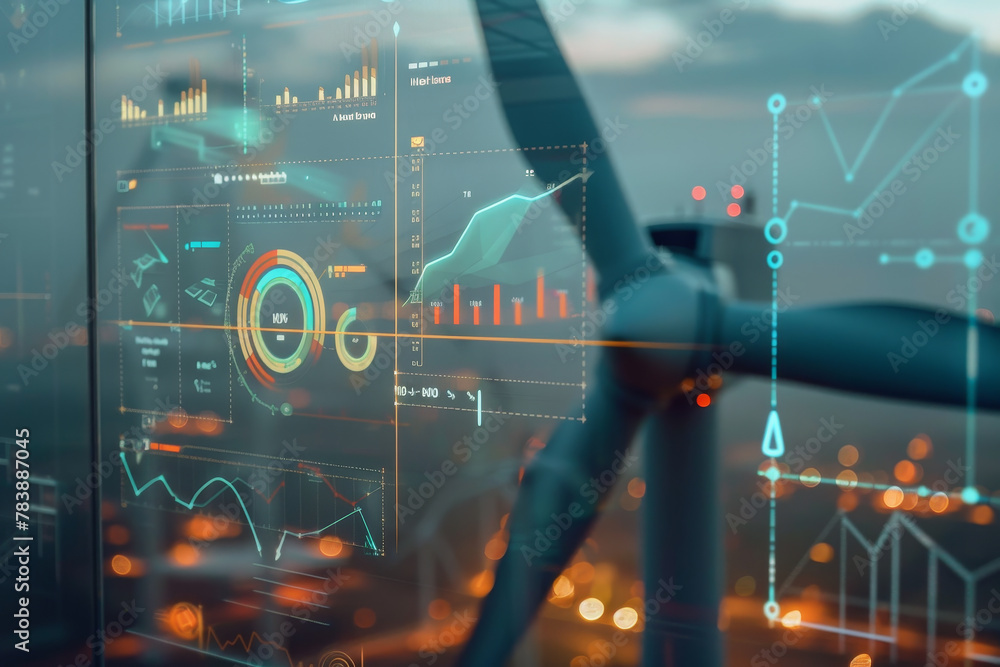 A computer monitor displays a graph of wind speeds and a digital clock ...