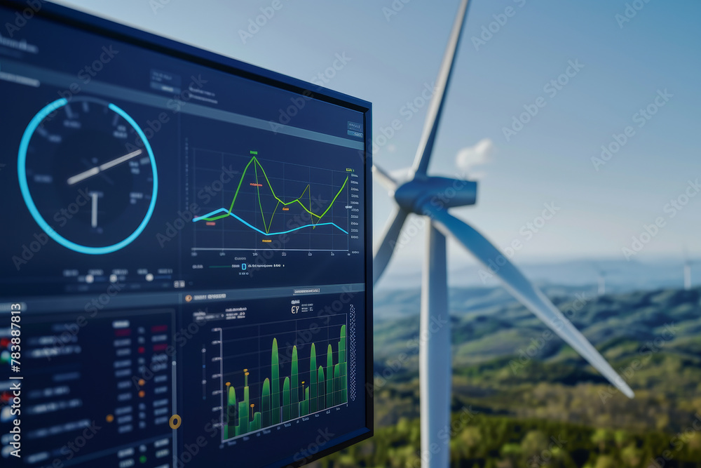 A computer monitor displays a graph of wind speeds and a clock. The ...
