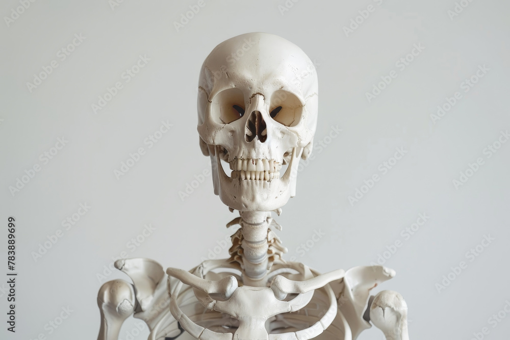 A white skeleton is shown with its head tilted to the side. The ...