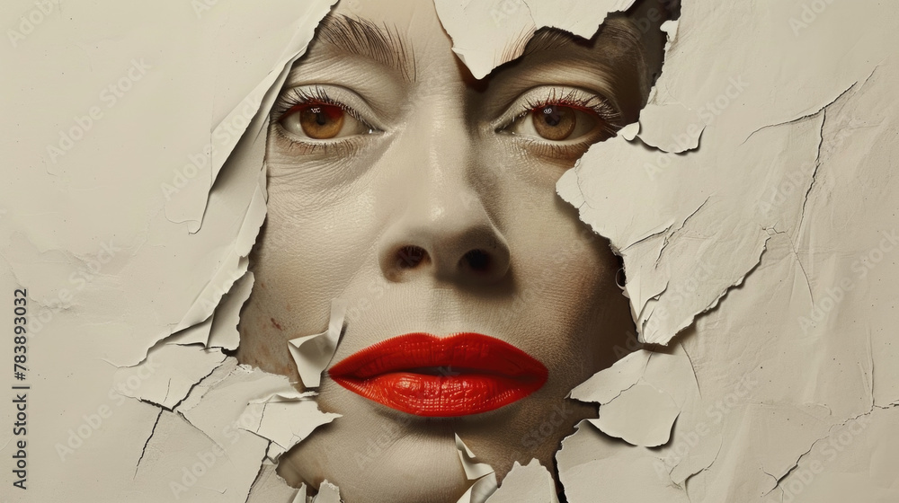 A womans face is visible through a hole in a wall, looking directly at ...