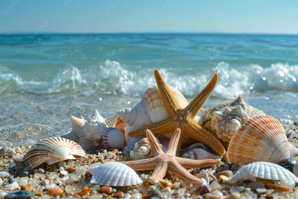 A beach scene with a starfish and many shells. The shells are scattered ...