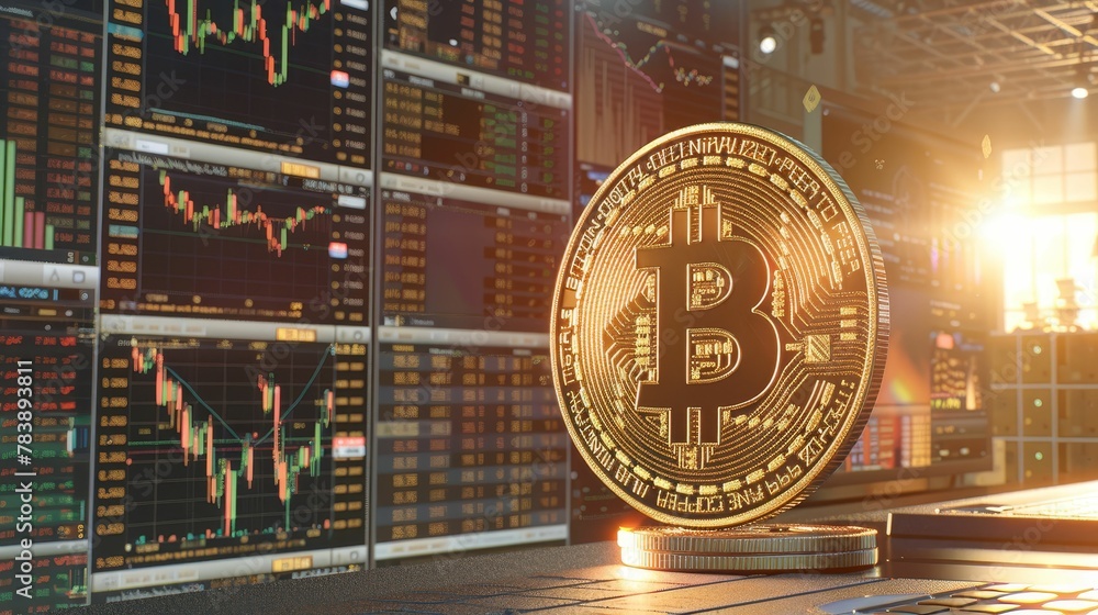 Bitcoin, popular cryptocurrency symbol, standing tall in a digital ...