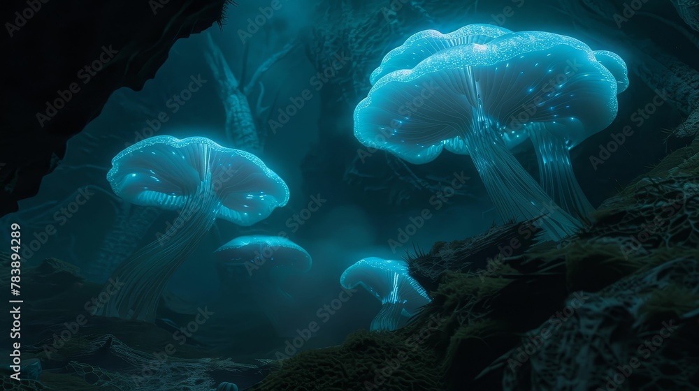 Cosmic Fungi, Bioluminescent Caps, Writhing tendrils, Growing in a dark ...
