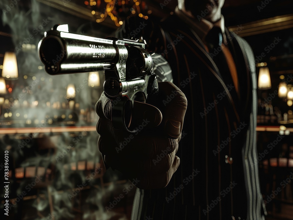 Gangster, pinstripe suit, holding a vintage revolver, in a smokefilled ...