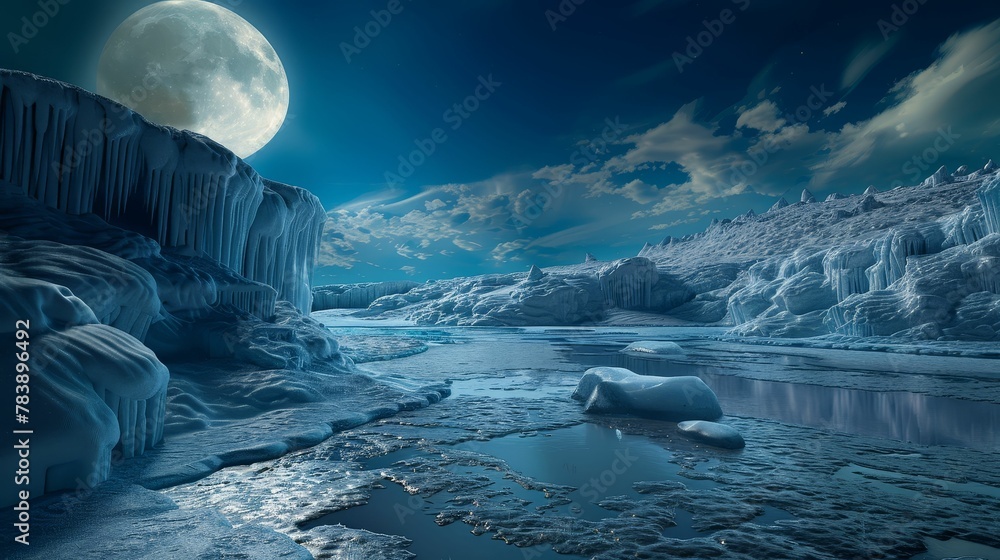 Ice, frozen tears glistening under ethereal moonlight, a forlorn beauty ...
