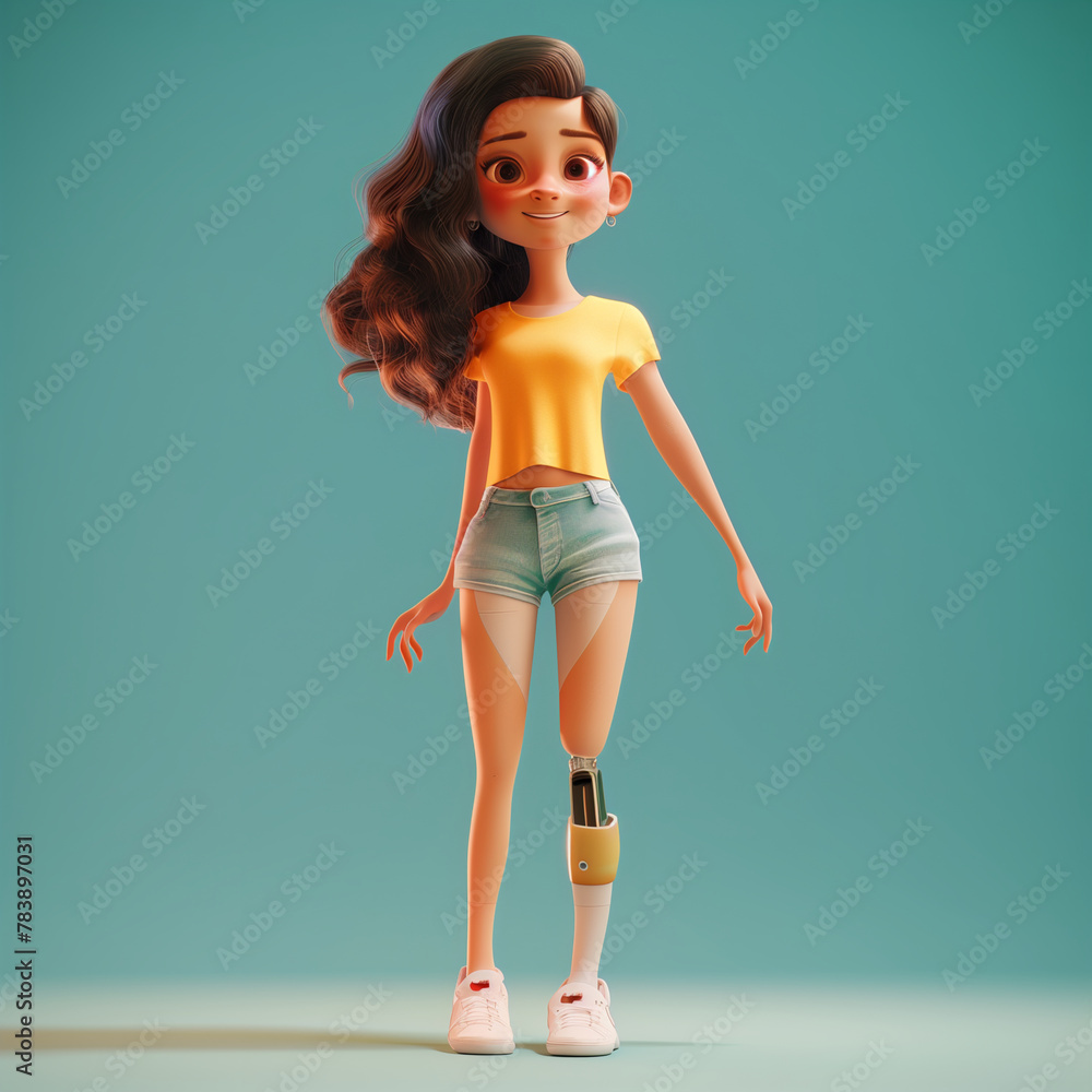 Young girl with bionic prosthetic leg, cartoon character, cute disabled ...
