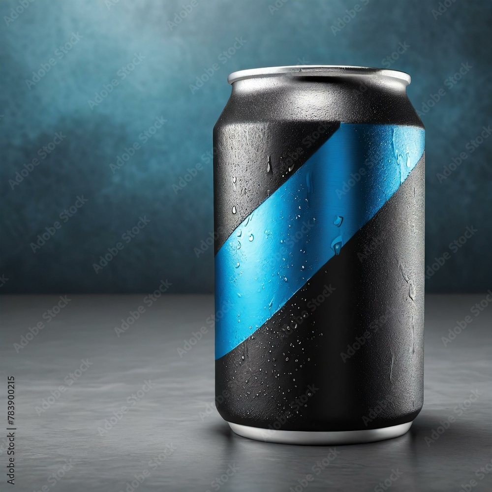 metallic mockup featuring a blank black and blue chilled iced cold can ...