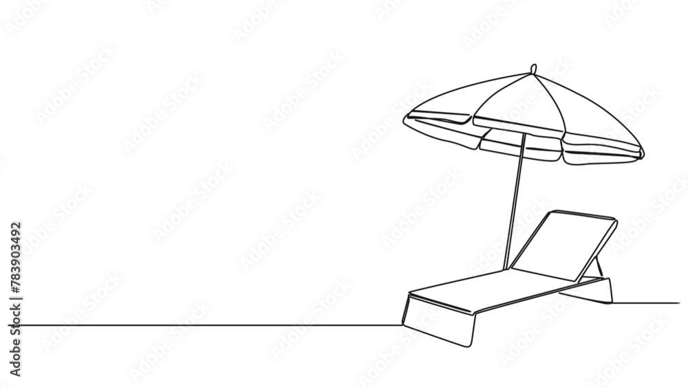 animated continuous single line drawing of sunbed and parasol, line art ...