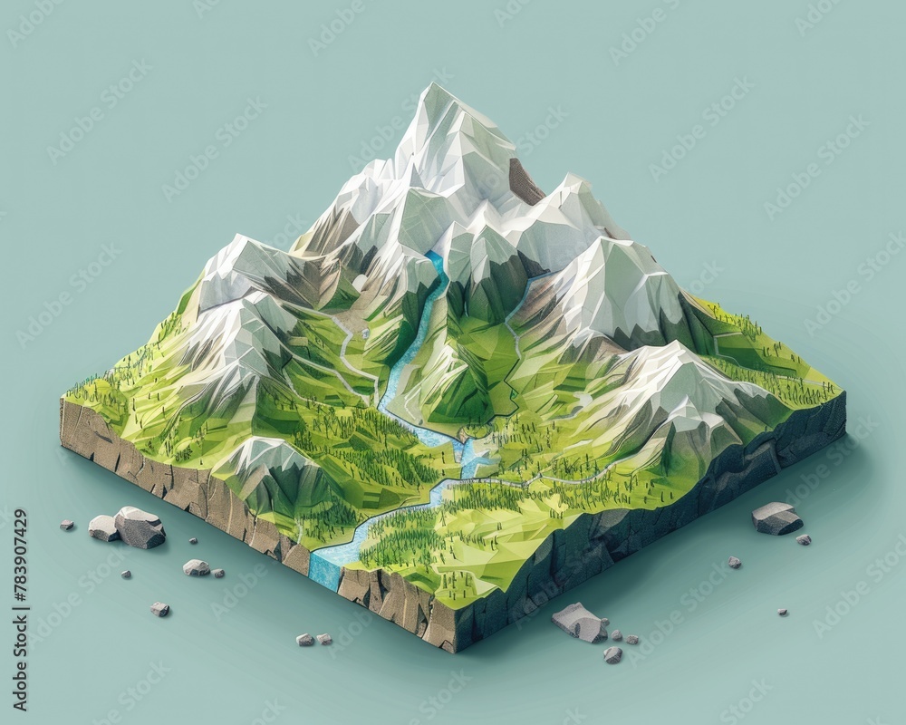 Exploring a Surreal 3D Isometric Mountain Landscape: Abstract ...