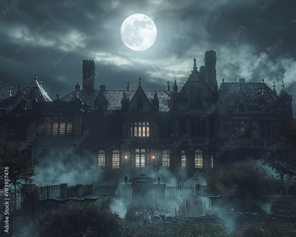 A haunted Victorian mansion at midnight, ghostly apparitions in windows ...