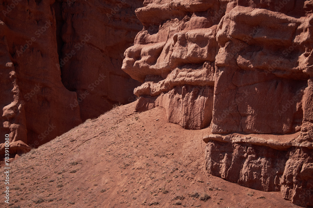 Rocky columns of red sandstone in canyon, aeolian deposits, result of ...