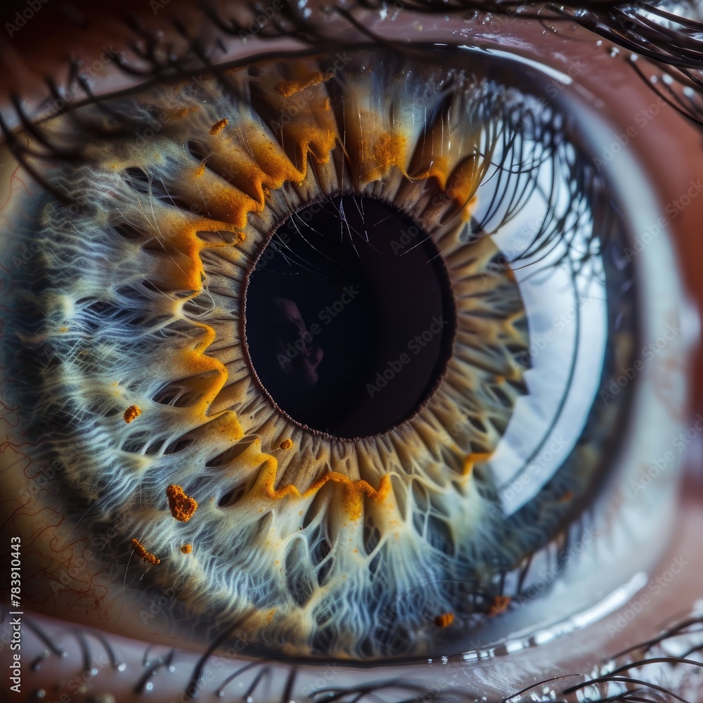 An up close photograph of a human eye with a reflection of the camera ...