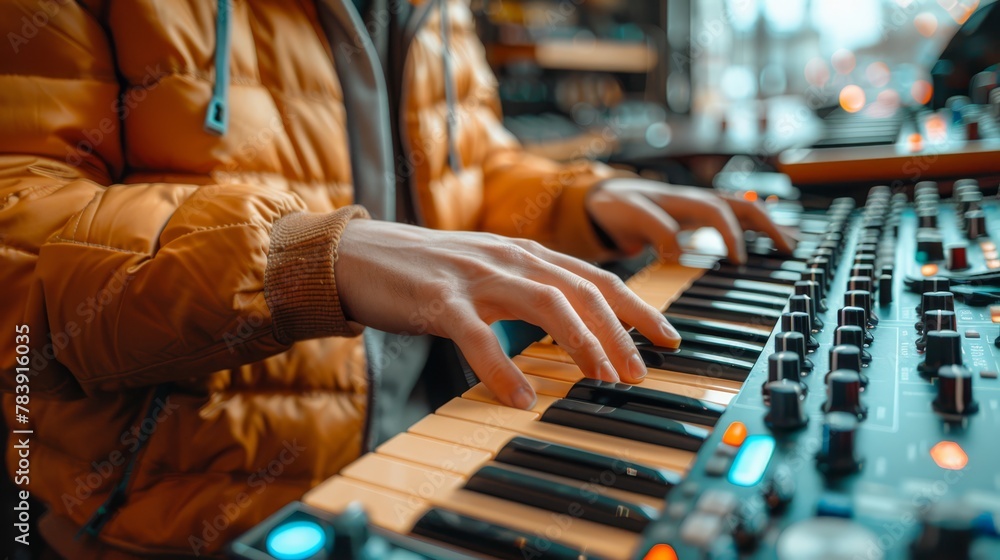 A hand hovering over keys on an electronic keyboard, with a sound ...